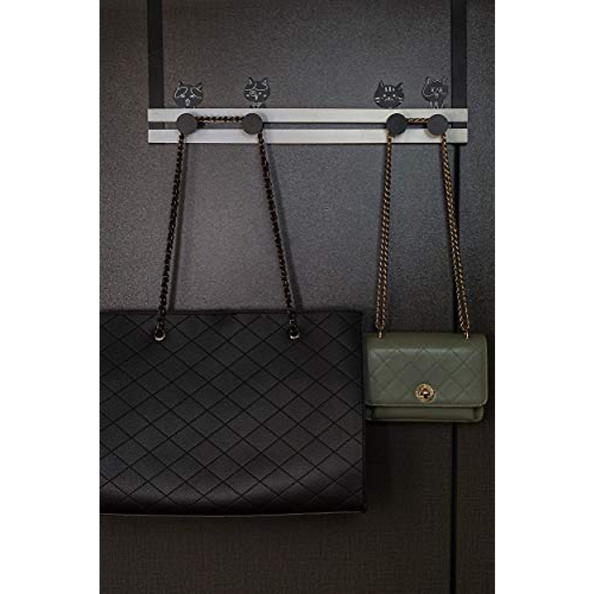 Creathome Over The Door Rail with 4 Peg Hooks, Lovely Cat Pattern, Black and White Style