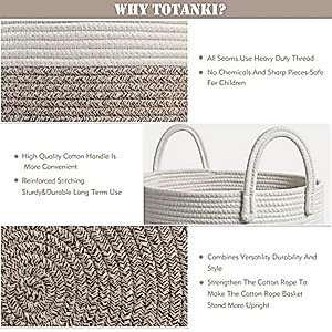 TOTANKI Large Cotton Rope Laundry Storage Basket - 15.7 Inches(D) x 19.7 Inches(H) - Collapsible Woven Basket with Durable Handles for Storing Clothing, Diapers, Toys (White/Brown)