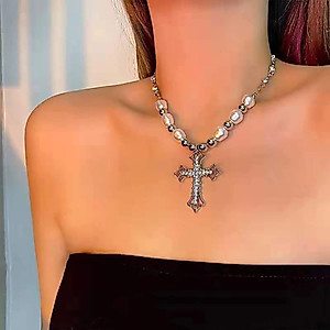 Y2k Necklace Gyaru Goth Necklaces Fairy Grunge Jewelry Pearl Necklace with Cross for Women Coquette Aesthetic Cyber Emo Alt Necklaces for Women