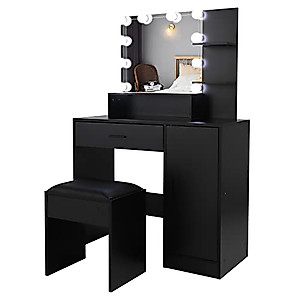 Large Vanity Set with 10 LED Bulbs Makeup Table with Cushioned Stool Makeup Desk with Open Storage Shelves Vanity Table with Cabinet Drawer Chest Dressing Table for Women Girls