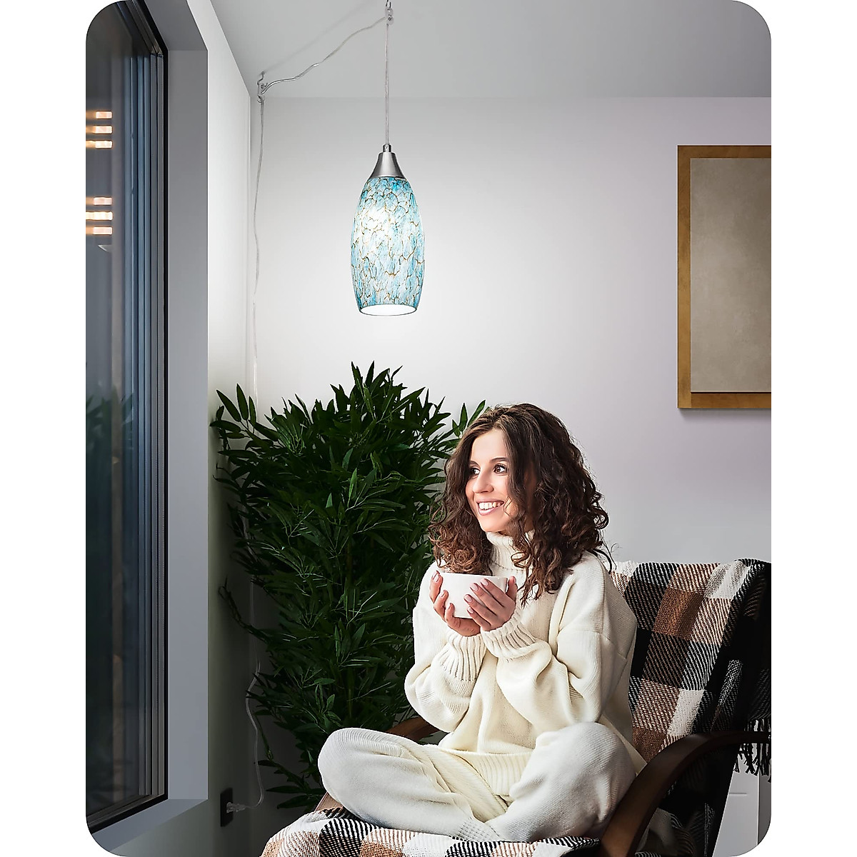 DEWENWILS EDISHINE Plug in Pendant Light, Hanging Light with15FT Adjustable Cord, On/Off Switch, Handcrafted Art Glass Shade, Hanging Light Fixture for Kitchen, Bathroom, Entryway, Light Blue