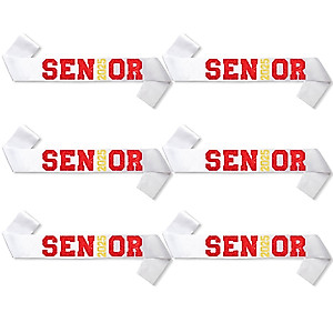 6Pcs White Senior 2025 Satin Sashes with Red Gold Glitter Letters- 2025 Graduation Celebrations Sashes - Senior Cheer Sash - Cheerleader Sash - Class Competition Sashes