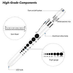 Opoway Nurse Pen Light with Pupil Gauge LED Medical Pen Lights for Nursing Students Doctors with Batteries 2pcs White