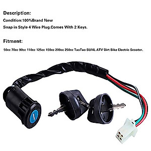 3 Function Left Starter Switch+4 Wires Ignition Switch Key with Cap Assembly for 50cc 70 cc 90cc 110 cc 125cc 150cc TaoTao SUNL Coolster Chinese ATV Quad 4 Wheeler Apollo Dirt Bike Scooter Parts