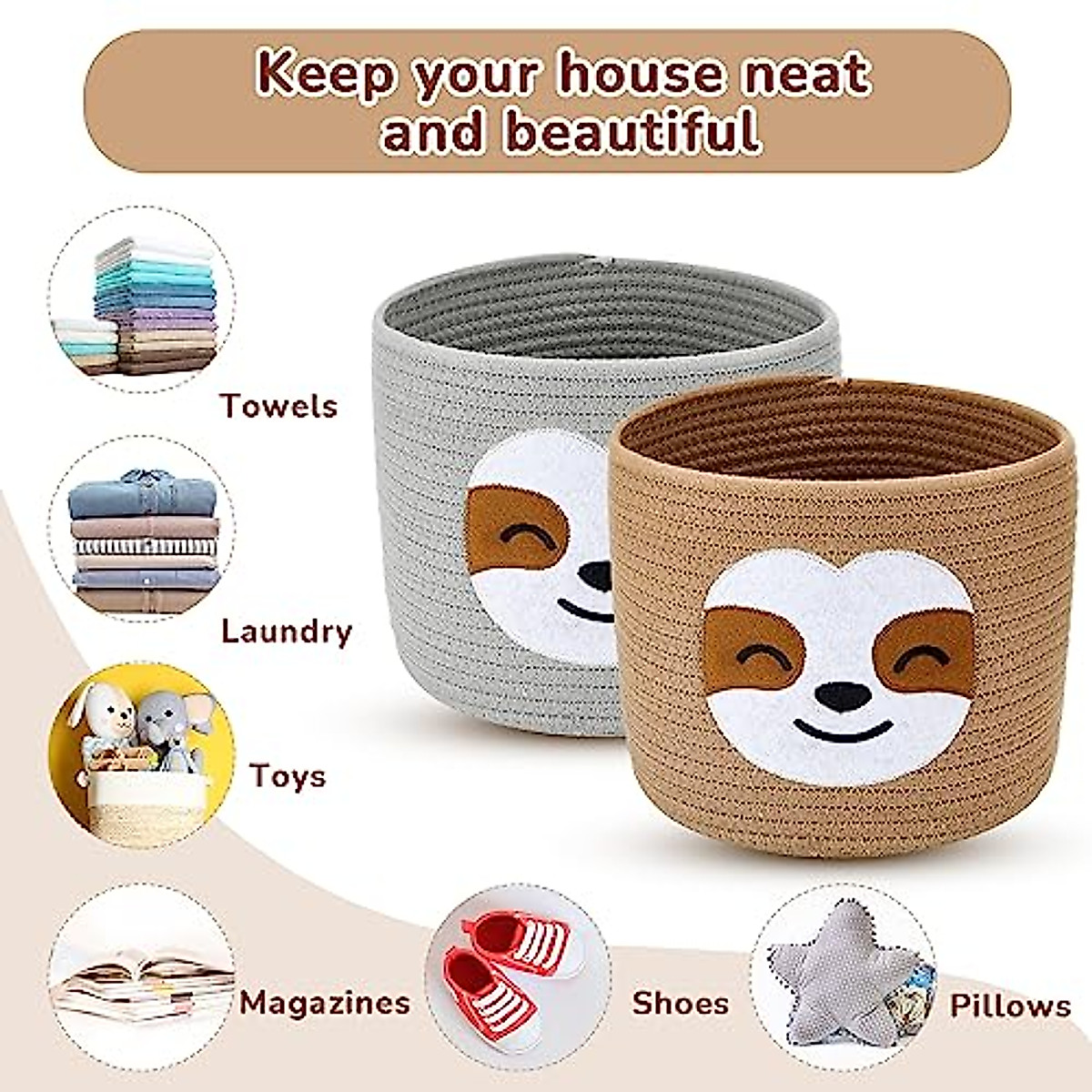 Kigeli 2 Pcs Sloth Small Woven Basket Storage Basket Sloth Basket Cotton Rope Baskets for Storage Baby Basket for Nursery Room Decor Diaper, Blankets, Toy Organizer