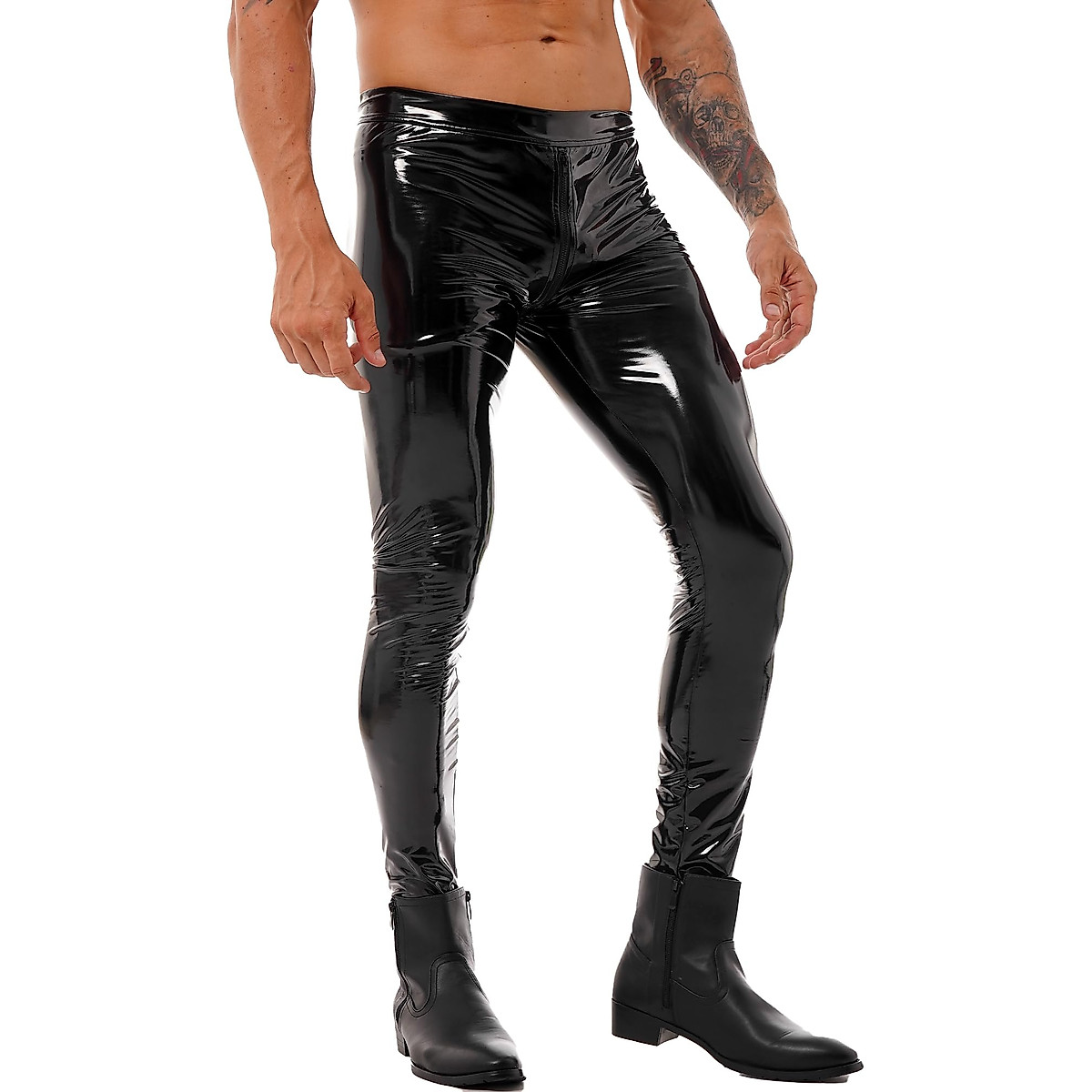 Lorilida Men's Wet Look Faux Leather Muscle Tights Skinny Pants Night Club Leggings Long Trousers Zipper Black Large