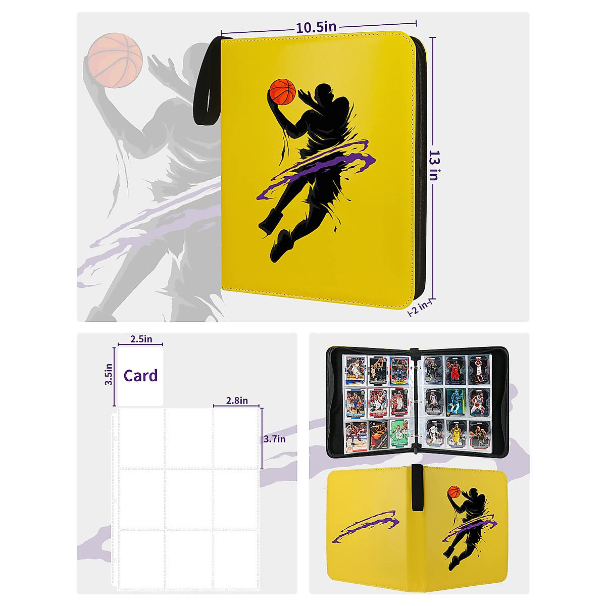 Basketball Trading Card Binder, Fit 900 Sport Cards 3 Ring Binder Book with 50 Binder Sheets, 9 Pocket Card Sleeves Album for Birthday Christmas New Year Gift for All Cards Collectors (BSK001)