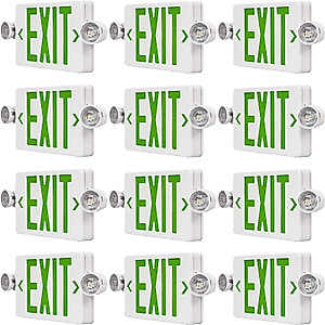 Green LED Exit Sign Emergency Lights with 2 Adjustable Head Lights, Green Letter Emergency Exit Lighting With Battery backup, US Standard Double Sided ABS Fire Resistant UL 924 AC 120/277V (12-Pack)