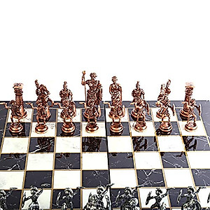 Historical Antique Copper Rome Figures Metal Chess Set for Adults, Handmade Pieces and Marble Design Wood Chess Board King 4 inc