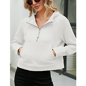 Micoson Half Zip Hoodies Women Long Sleeve Crop Workout Sweatshirt Oversized Sherpa Fleece Pullover Thumb Hole (White,L)