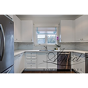 LOGANOVA Custom Flat Roman Shade with white background and baby blue Greek key border. Premium lining and chain mechanism.