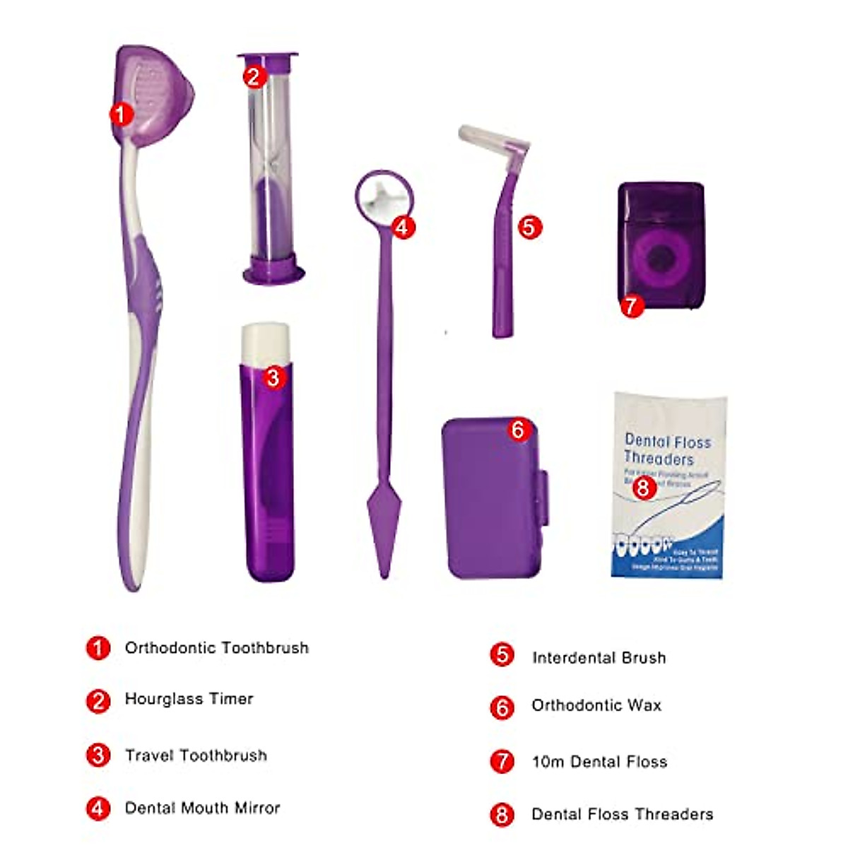 Net Bag Portable Orthodontic Care Kit Orthodontic Toothbrush Kit for Orthodontic Patient for Braces Travel Oral Care Kit Dental Travel Kit Interdental Brush Dental Wax Dental Floss (8 Pcs/Pack)-Purple