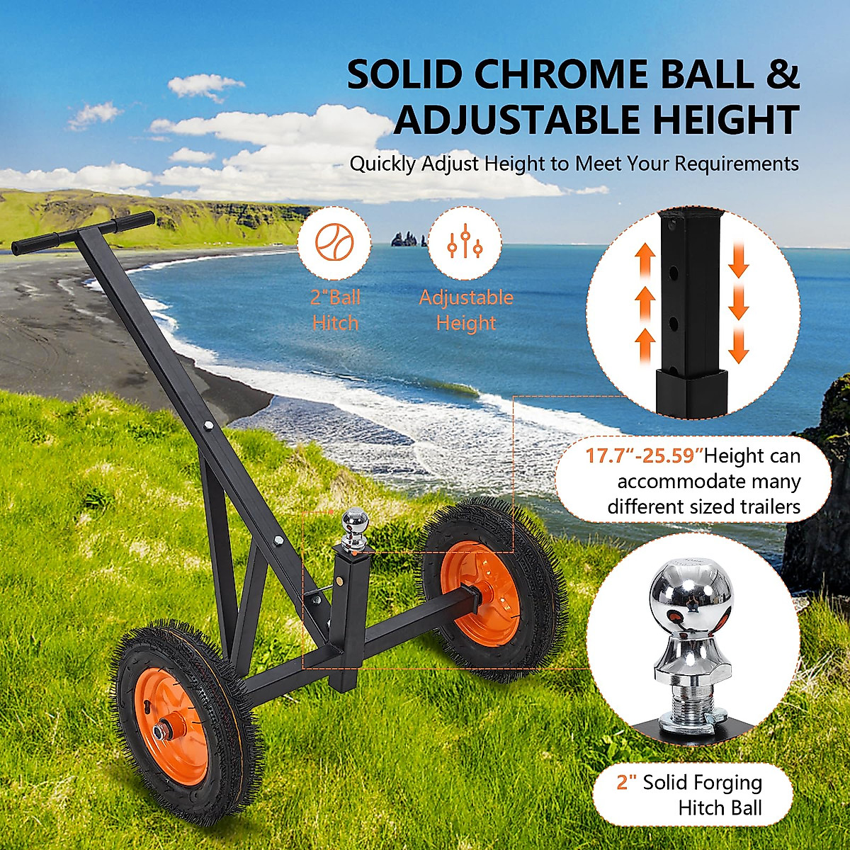 Adjustable Trailer Dolly, 600lbs Load Capacity, Carbon Steel Trailer Mover with 17.71''-26'' Adjustable Height, 12" Pneumatic Tires for Moving Boat Trailers/Utility/RV/Cargo Trailers