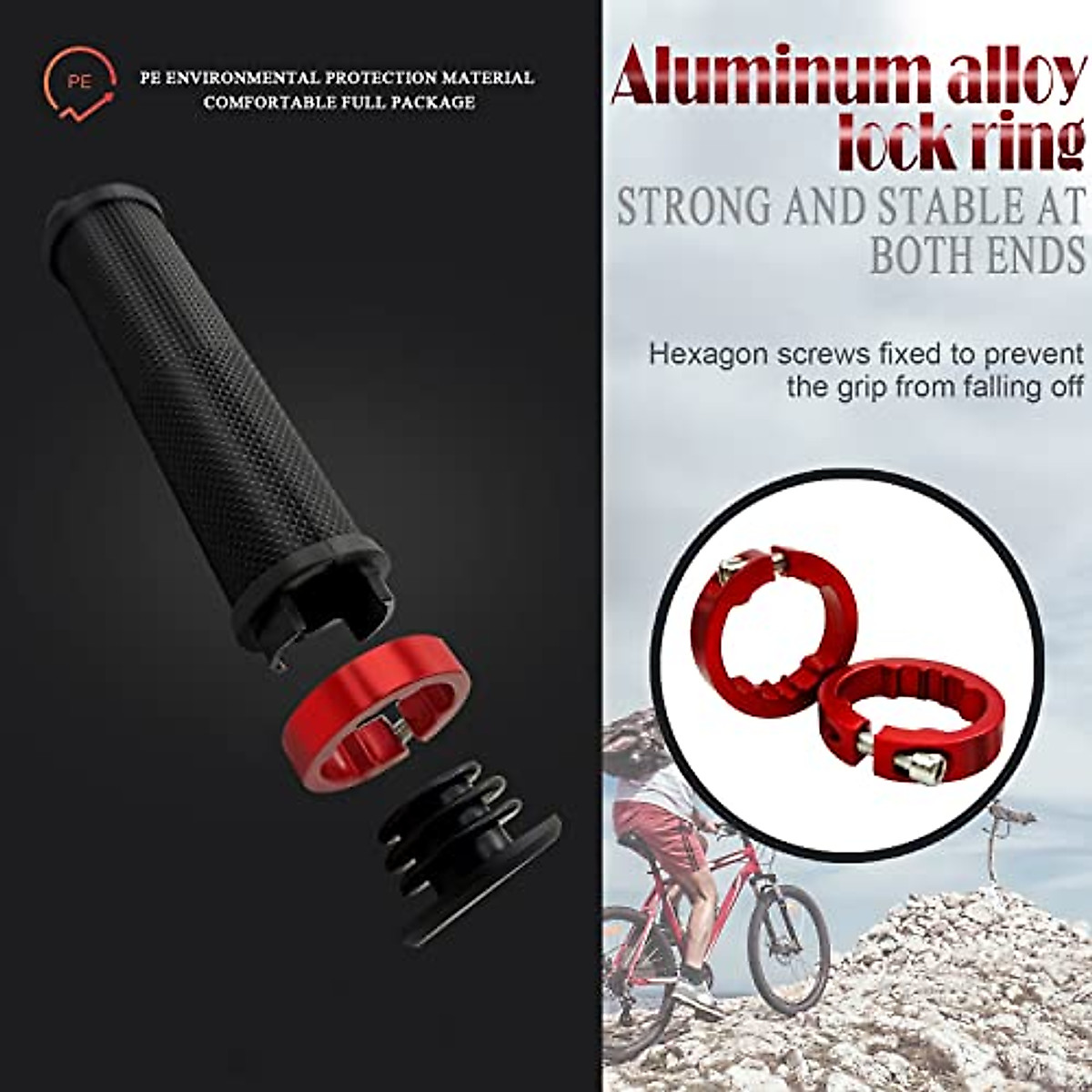 Bike Handlebar Grips, Non-Slip-Rubber Bicycle Handle Grip with Aluminum Lock, Bike Grip for Scooter Cruiser Tricycle Wheel Chair Mountain Road Urban Foldable Bike MTB BMX Beach Cruiser Scooter (Red)