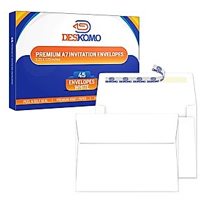 DESKOMO 5x7 Envelopes, Pack of 45 Mailing A7 Envelopes Self Seal, Printable White Envelopes for 5x7 Cards, Weddings, Invitations, Postcards, Photos and Announcements