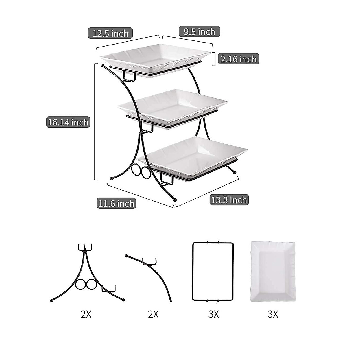 3 Tier Serving Stand Tiered Oval Bowl Stand with 3 Oval Porcelain Serving Bowl Set with Collapsible Thicker Sturdier Metal Rack (Black)