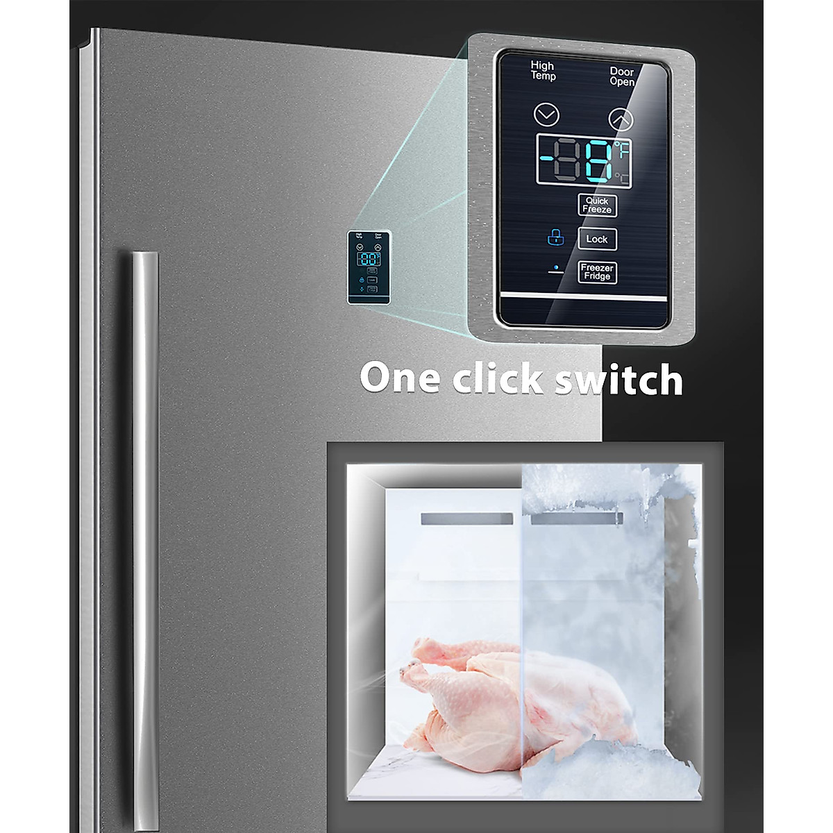 Techomey Upright Freezer 21 Cu.Ft, Stand Up Convertible Freezer/Refrigerator 115v, Garage Vertical Freezer with Single Door, Quick Freeze, Stainless Steel，Lock