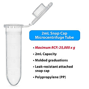 Globe Scientific 111572 Polypropylene Graduated Microcentrifuge Tube with Snap Cap, 2ml Capacity, Natural, RNase Free, DNase Free (Pack of 500)