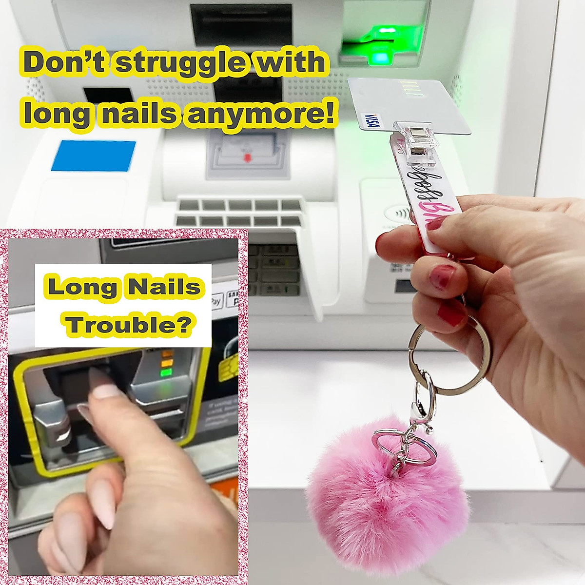 BATUMEYE Card Grabber Card Clip For Long Nails, Cute Acrylic Debit Bank Card Grabber Keychain with Pom Pom Ball and Plastic Clip For Women(New Pink White)
