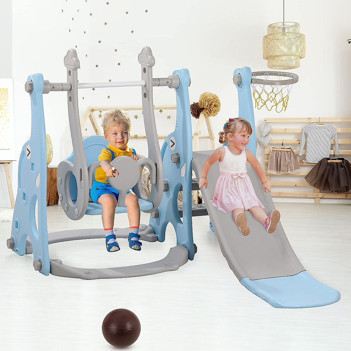 LANGYI Children's Four in One Slide Swing，with Basketball Frame and Ball Extra Long Slide，Children's That Can Be Installed at Will Indoor Outdoor Garden (Blue)