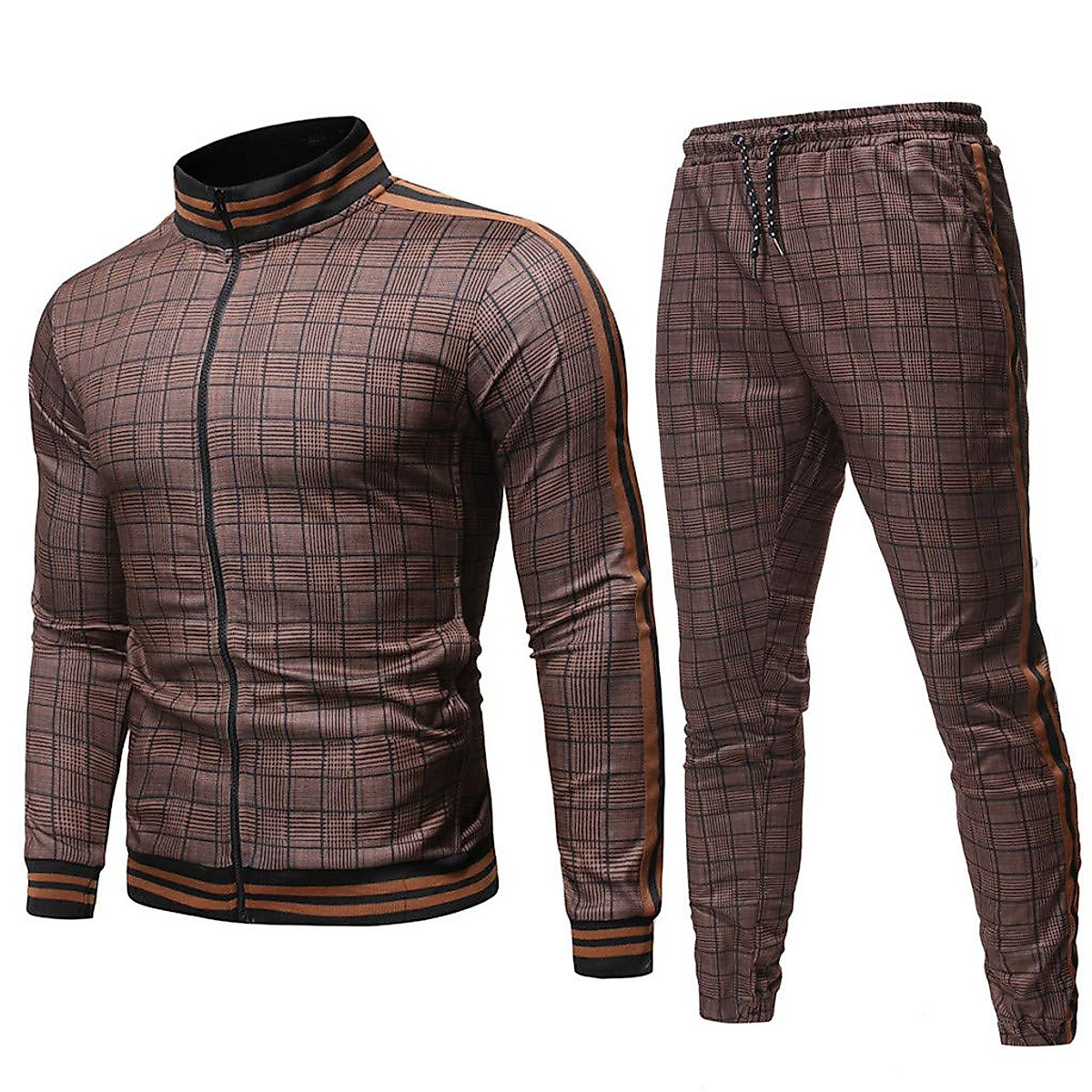 VEZAD Store Mens Plaid 2Pc Zipper Tracksuit,Autumn Printed Sweatshirt Top Pants Sets Sports Suit Tracksuit