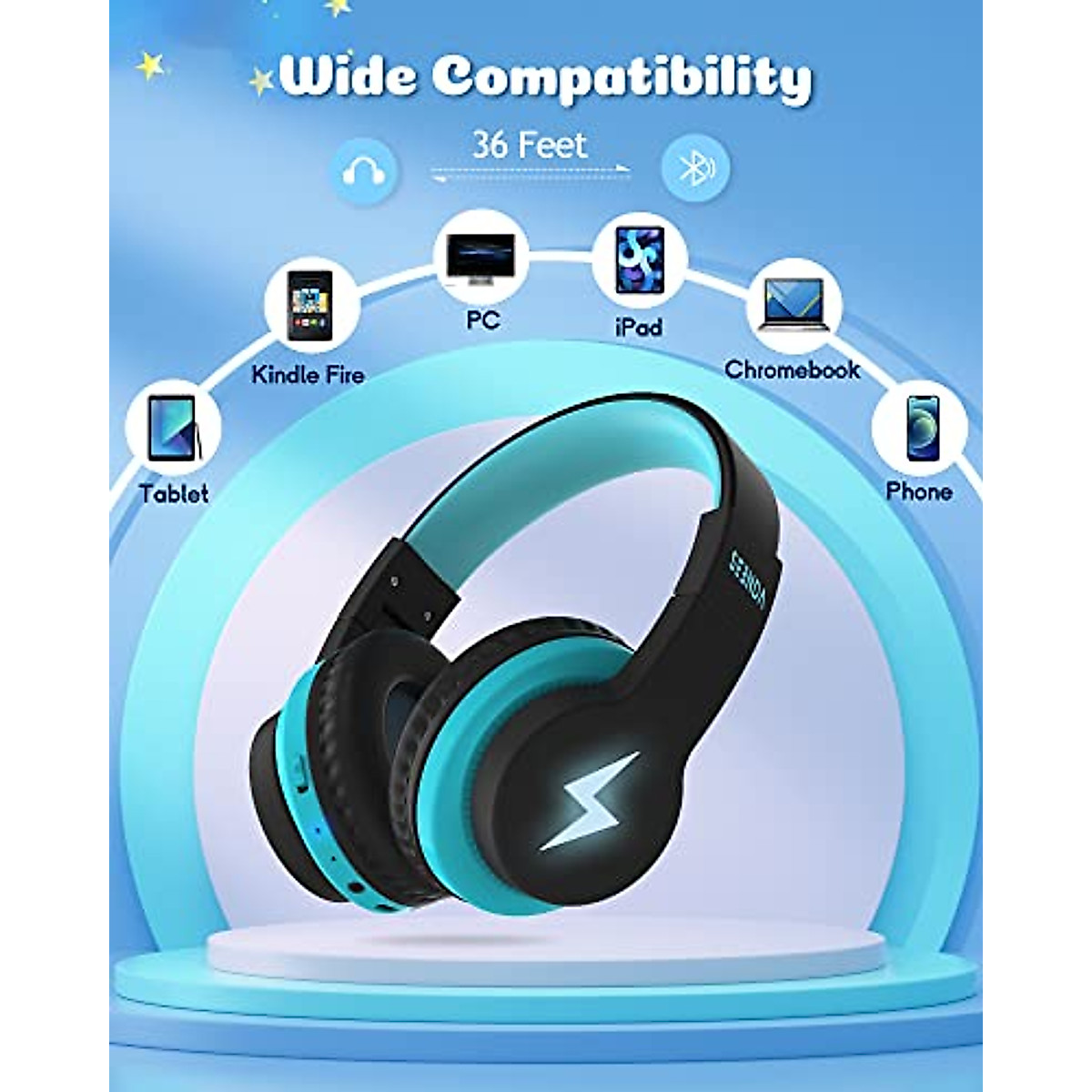 Kids Bluetooth Headphones, Colorful Wireless Over Ear Headset with 85dB/94dB Volume Limited, 45H Playtime, 3 Lighting Modes, Built-in Mic Headphones for Boys Girls iPad Tablet School Airplane Blue