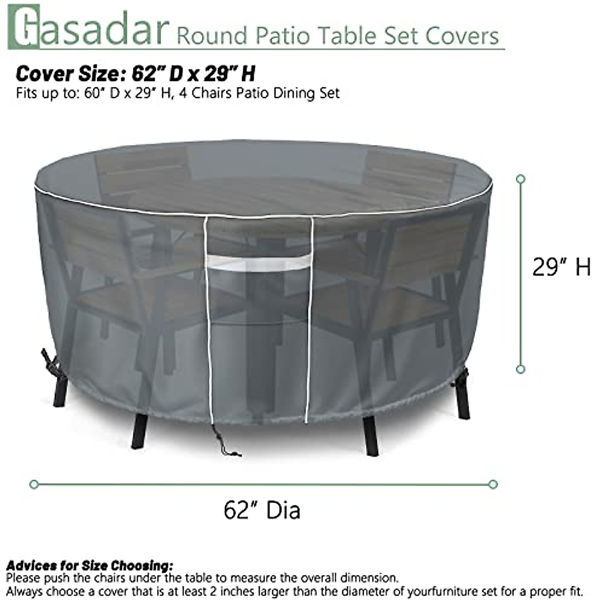 Gasadar Patio Furniture Covers, Round Outdoor Furniture Cover Waterproof, 500D Heavy Duty, 62" Dia x 28" H Round Patio Table Cover, Outdoor Cover for Patio Furniture Table and Chairs Set -Grey