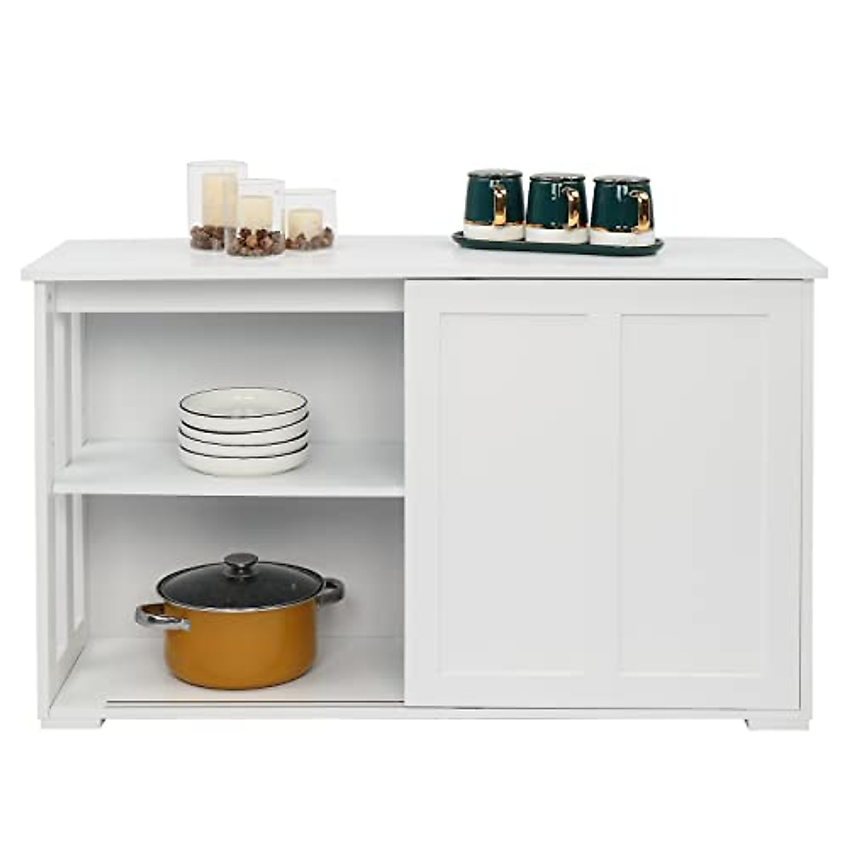 Kitchen Sideboard Buffet Storage Cabinet with 2 Sliding Doors and Adjustable Shelf, Wooden Cupboard Server Buffet Console Table, Stackable Sideboard Cabinets Storage for Dining Room Entryway, White