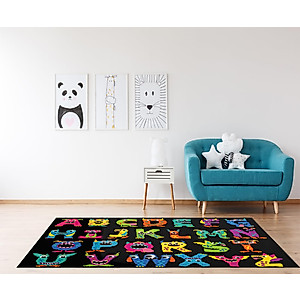 LOKMU Non-Slip Area Rugs Cartoon Fluffy Monsters Alphabet on Black Home Decor Rugs Carpet for Classroom Living Room Bedroom Dining Kindergarten Room 5'x7'
