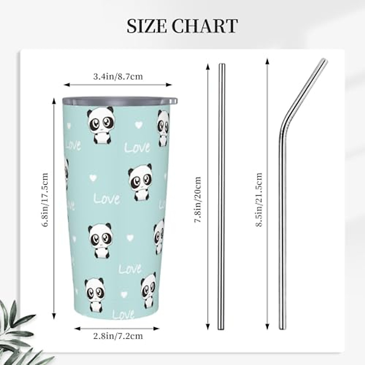 Yaxongx 20oz Tumbler Love Pandas Double Wall Vacuum Insulated Coffee Mug with Lid and Metal Straw Brush Reusable Stainless Steel Water Bottle Travel Cup Gifts for Car Ice Drinks Hot Beverage