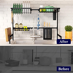 Kitsure Over The Sink Dish Drying Rack - 23.6" to 35"x21.2", Adjustable Sink Drying Rack for Kitchen Sink with Large Capacity, 2-Tier Dish Rack Over Sink with Multifunctional Baskets,Black