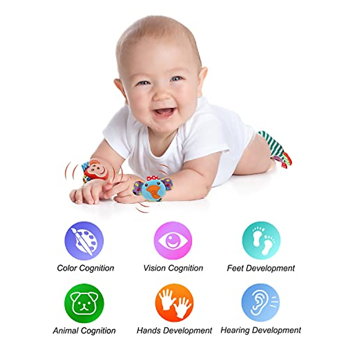 Soft Baby Rattle Toys, Wrist Rattle Foot Sock Rattles, Hand Arm Leg Ankle Handheld Rattles for Infants, Sensory Plush Animal Toys for Newborn Baby Girls and Boys (A8)