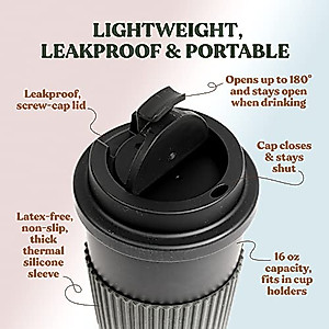 FEBU Plant-Based Reusable Coffee Cup with Lid and Sleeve | 16oz, Moon Black | Portable Travel Mug made from Bamboo | Dishwasher Safe, Compostable, Plastic Free with Leak-Proof Screw-on Lid