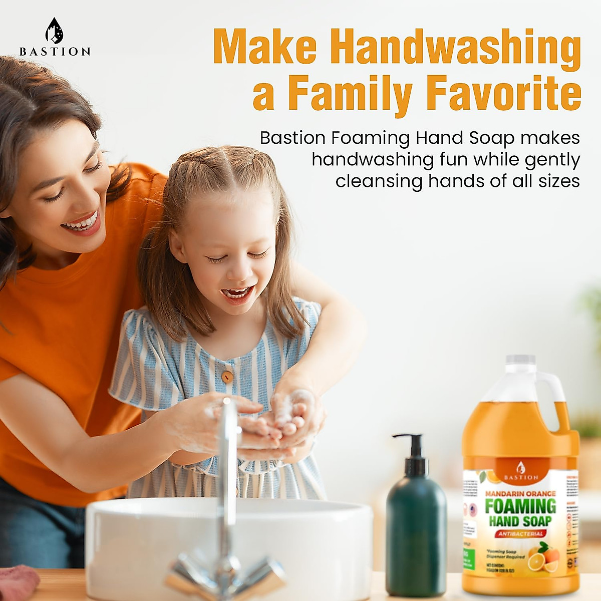 Bastion Foaming Antibacterial Hand Soap: Mandarin Orange Scented Instant Foam Hand Wash Refill 1 Gallon (128 oz) Bulk Jug. Made In The USA