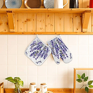 Kitchen Oven Gloves Lavender Flower Oven Mitts Pot Holder Set Purple Floral Dragonfly Hot Pad Sets for Kitchen BBQ Cooking Baking Grilling Heat Resistance