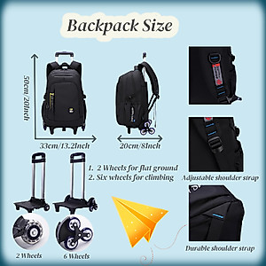 VIDOSCLA Black Kids Boys Rolling Backpack Teens Carry-on Luggage with Wheels Trolly BookBag for School-6 Wheels