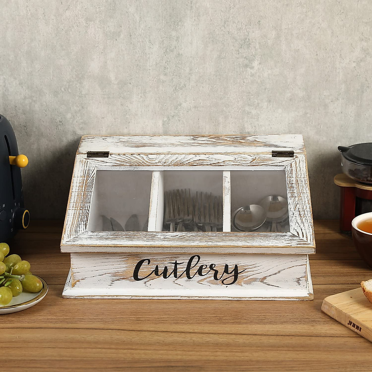 MyGift 3-Compartment Whitewashed Solid Wood Cutlery Tray Box Organizer with Clear Acrylic Hinged Lid & Black Cursive"CUTLERY" Label, Dining Utensil Holder