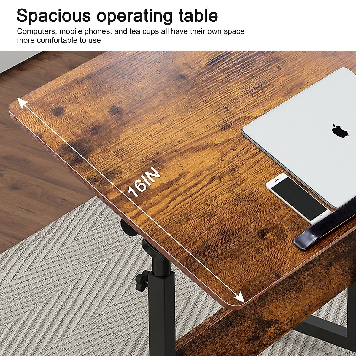 KOUPA Height Adjustable Standing Desk with Storage Bag 16 x 24 in, Portable Rolling Mobile Stand Up Table with Wheels, 360° Flip Laptop Computer Desk for Home Office, Rustic Brown