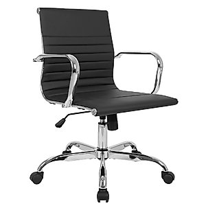 LANDSUN Home Office Chair Mid Back PU Leather Ribbed Swivel Tilt Adjustable Computer Desk Chair with Armrest Executive Conference Black