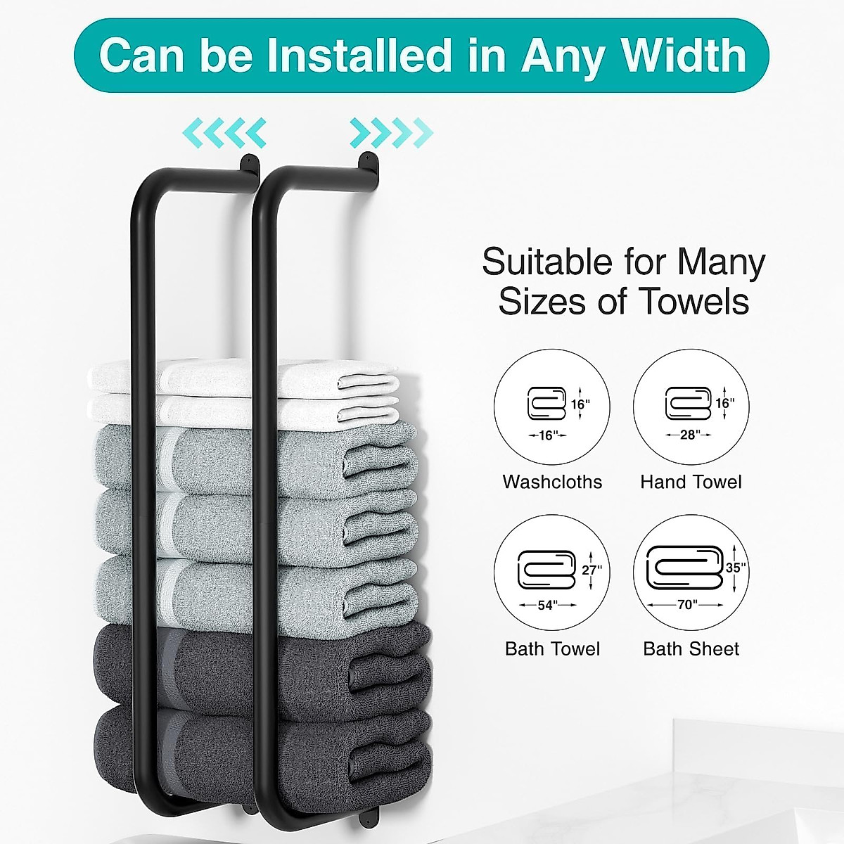 Josmimic Towel Rack for Rolled Towels: Towel Holder Wall Mounted Can Holds 5 Large Towels - Matted Stainless Steel for Bathroom - Black 22.78 Inch