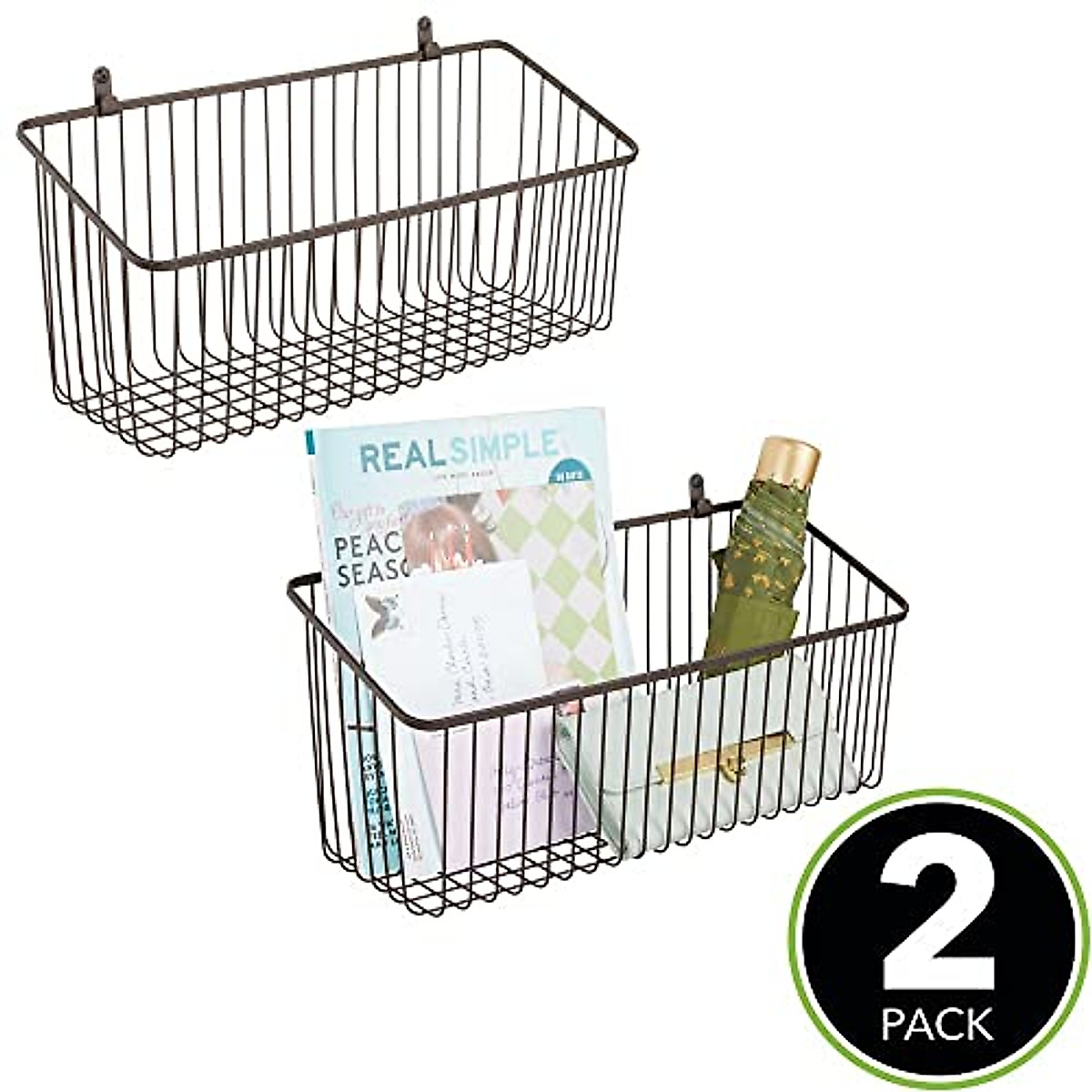 mDesign Portable Metal Farmhouse Wall Decor Angled Storage Organizer Basket Bin for Hanging in Entryway, Mudroom, Bedroom, Bathroom, Laundry Room - Wall Mount Hooks Included, Large - 2 Pack - Bronze
