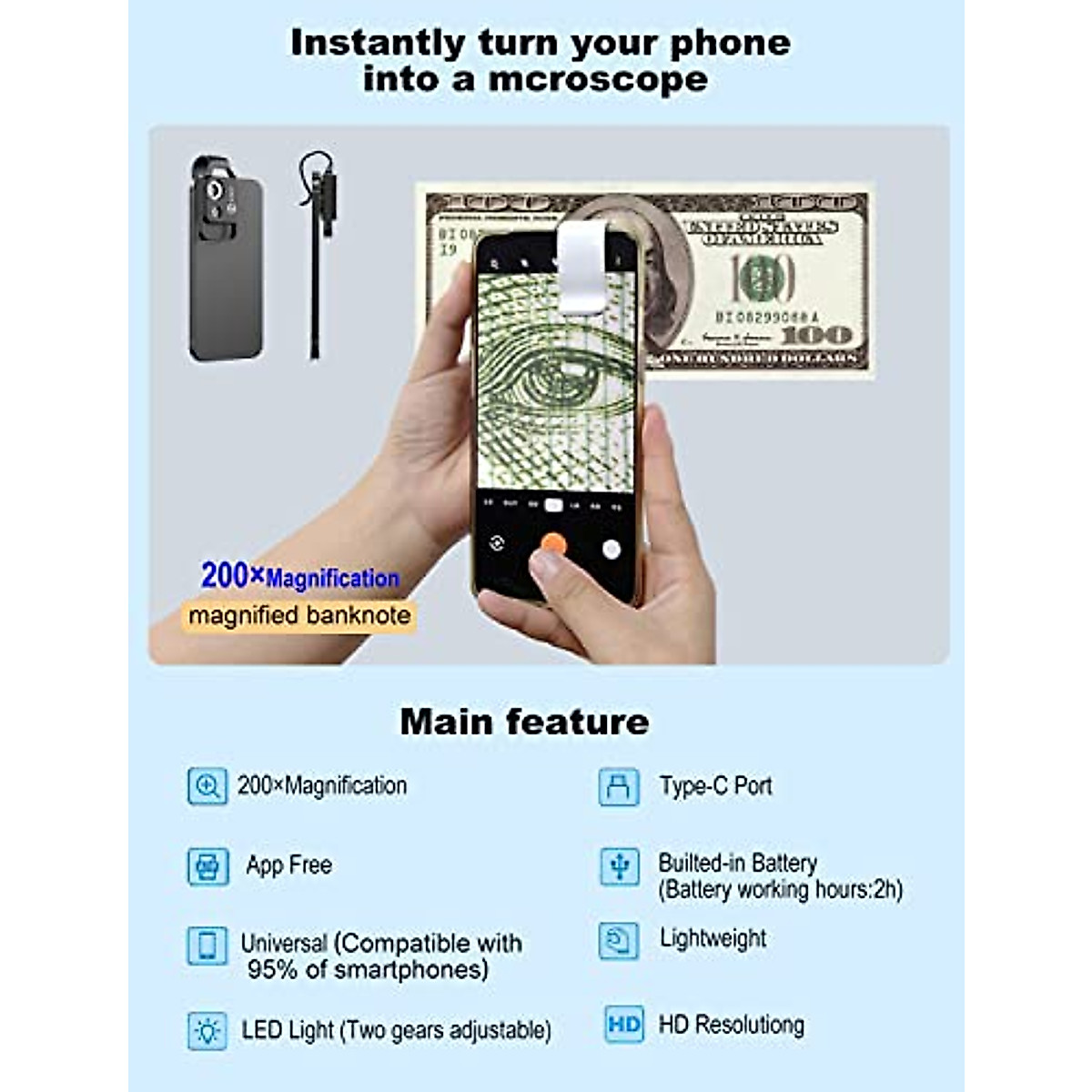 DDCHEN 200X Phone Microscope with LED Light, Microscope with Universal Phone Clip Compatible with iPhone/Andriod Phone,The Best Portable Microscope to Enjoy Microworld for Kids and Adults. (Black)