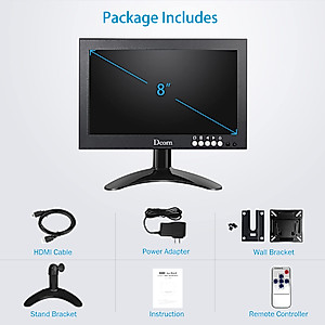 Dcorn 8 inch Mini Monitor, Small HDMI Monitor 1280x720 16:9 IPS Metal Housing Screen Support HDMI/VGA/AV/BNC Input with Wall Bracket&Remote Control,178 Full Viewing w/Speaker