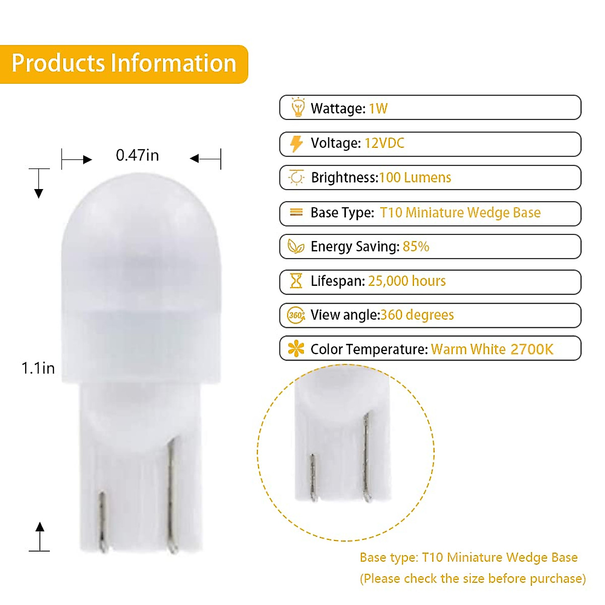 Cheopha T10 T5 Wedge Base LED Bulb 12VDC Landscape Wedge Bulb, 194 168 W5W LED Bulbs for Outdoor Landscape Path Step Deck Lights Warm White 2700k 1W Pack of 6