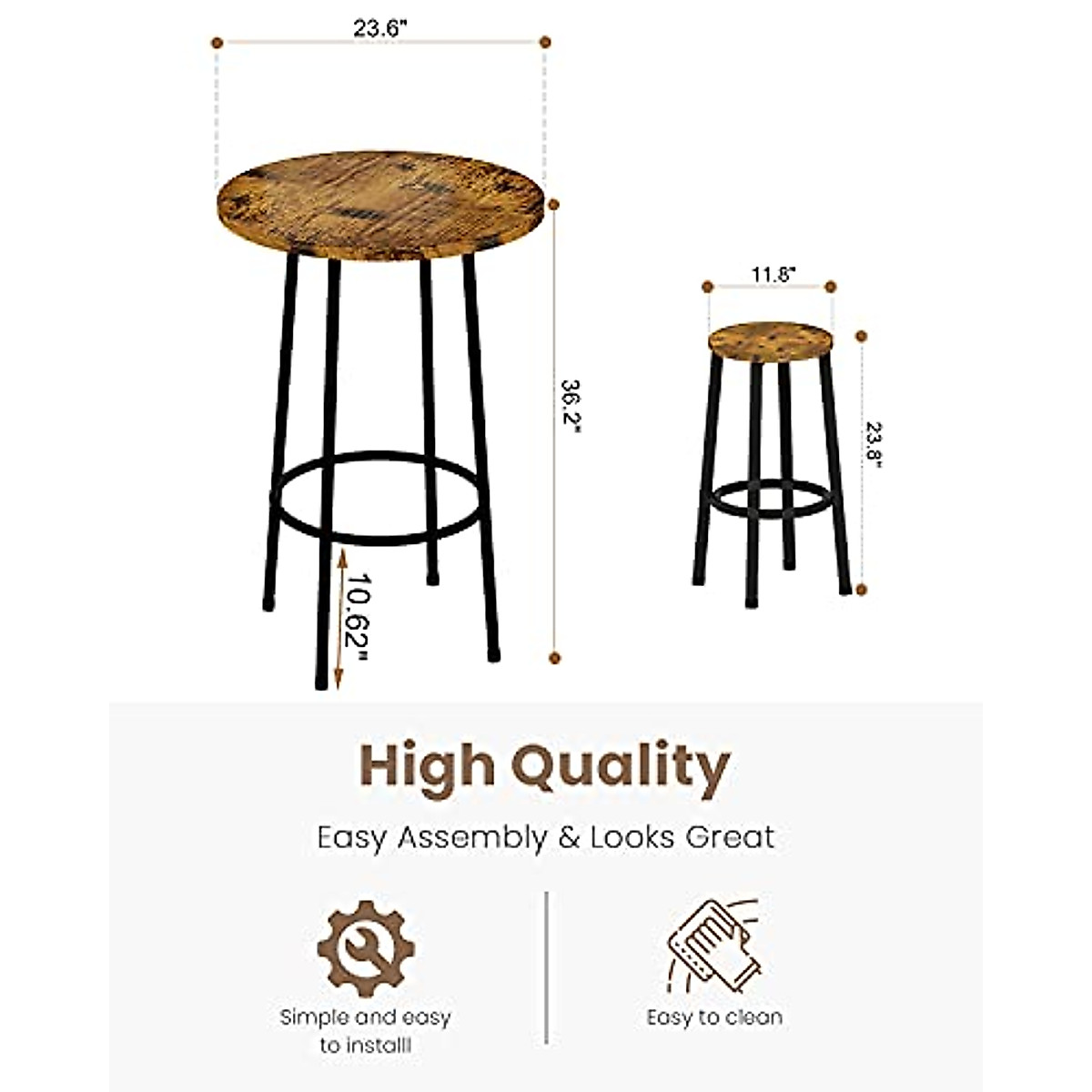 Recaceik 3 Piece Pub Dining Set, Modern Round bar Table and Stools for 2 Kitchen Counter Height Wood Top Bistro Easy Assemble for Breakfast Nook Living Room Small Space Restaurant, Rustic Brown 23