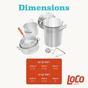 LoCo Cookers Deep Fryer Basket Pot Kit, Aluminum Circular Pots, 30 Qt, Silver
