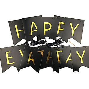 FECEDY Black Happy Birthday Bunting Banner with Shiny Gold Letters Party Supplies