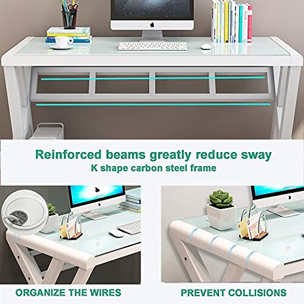 SAMERY Computer Desk, 55.1 Inch Modern Simple Office Desk Computer Table Study Gaming Writing Desk for Home Office, Glass Top/Metal Frame, Black