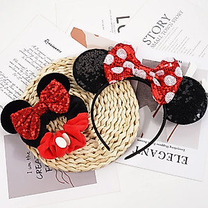 2Pcs Shiny Mouse Ears Headband an2Pcs Sequin Mouse Ears Velvet Scrunchies with Bow Hairs Accessories for Girls Women Adult Kids Birthday Party (Red and pink)