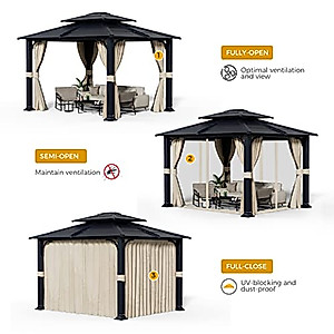 Metal Gazebo 10x12 Ft W/Double Roof, Anti-Rust Coating Permanent Iron Hardtop Outdoor Waterproof Pergola w/Curtains & Netting, Steel Hard Top Gazebo for Patio Backyard Garden Lawn Deck, w/Hook Design
